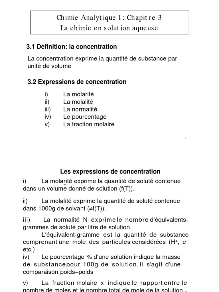 Molarité, Molalité et Normalité en Chimie | PDF | Concentration molaire ...