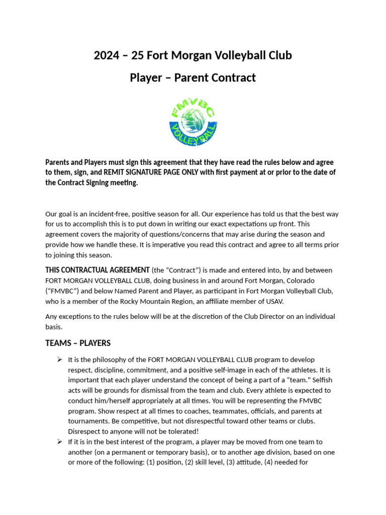 Fort Morgan Volleyball Club Contract 2024 | PDF | Fee