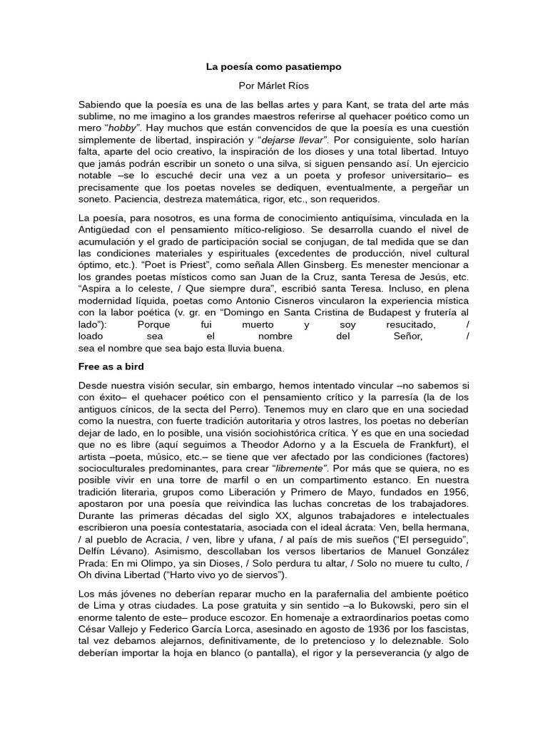 La Poesía Como Pasatiempo | PDF | Poesía