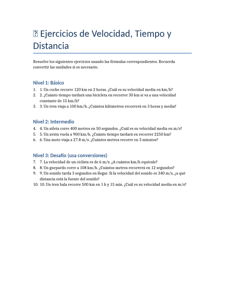 Ejercicios de Velocidad y Distancia | PDF