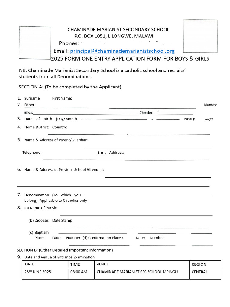 Chaminade Marianist School 2025 Admission Form | PDF