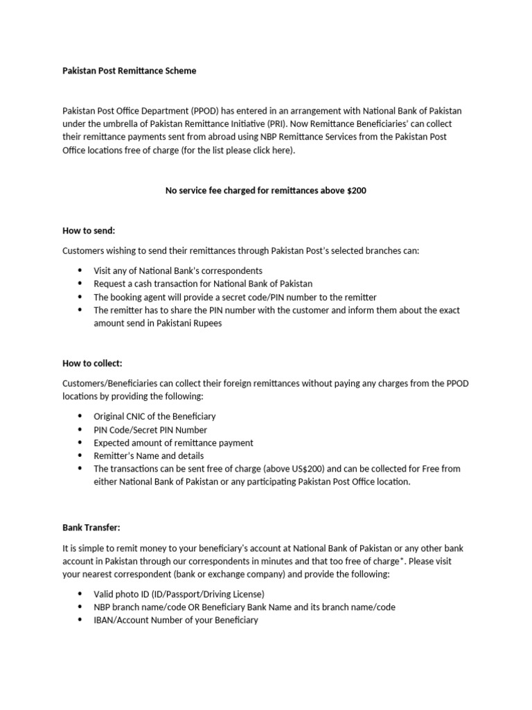 Pakistan Post Remittance Scheme | PDF