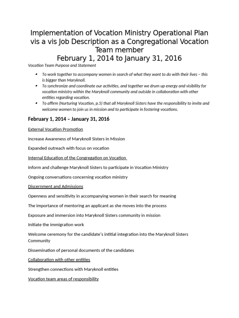 Implementation of Vocation Ministry Operational Plan | PDF