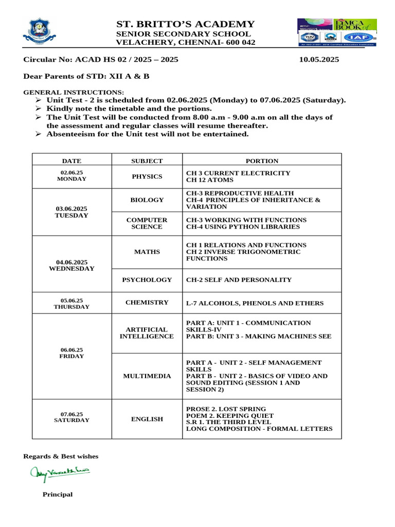 STD Xii B1 Ut 2 - Time Table Circular | PDF