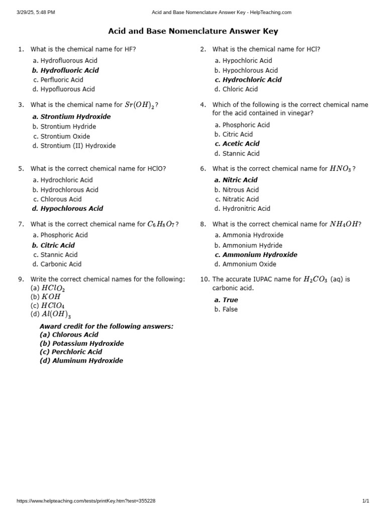 Acid and Base Nomenclature Answer Key | PDF | Acid | Chemical Elements