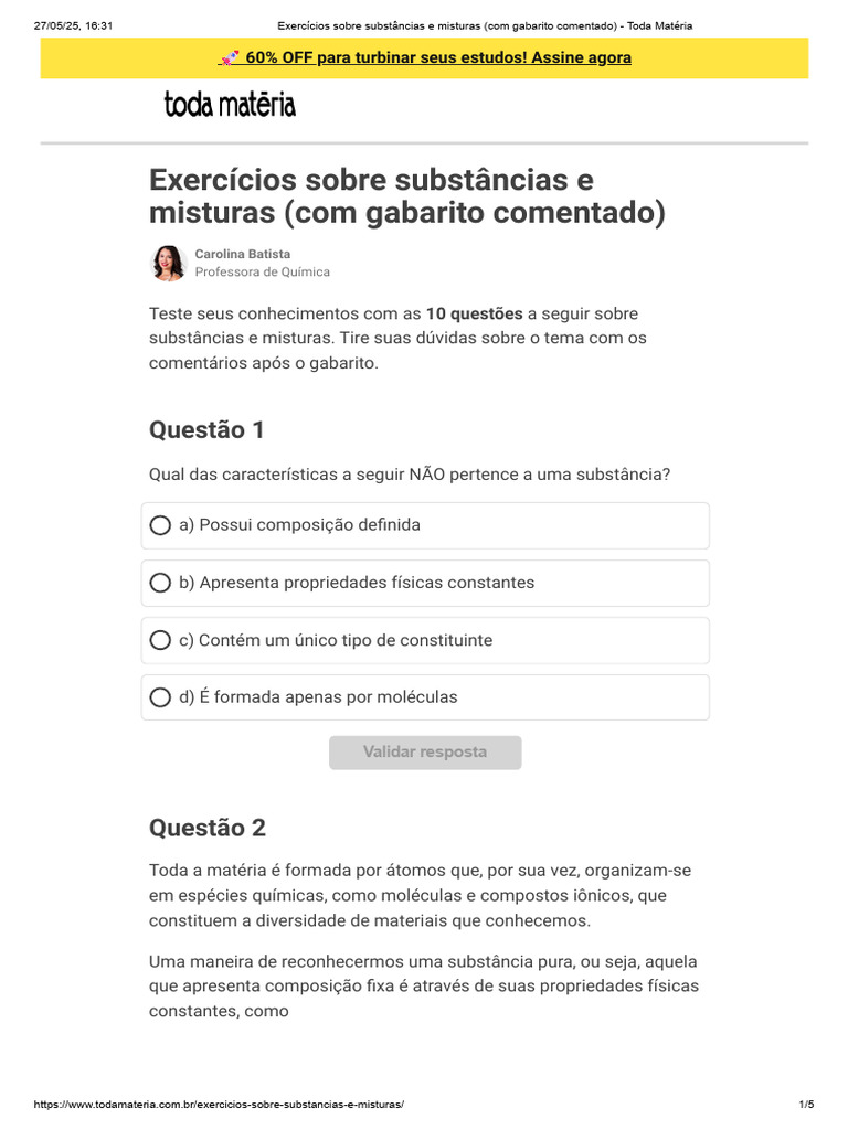 Exercícios Sobre Substâncias e Misturas (Com Gabarito Comentado) - Toda Matéria | PDF ...