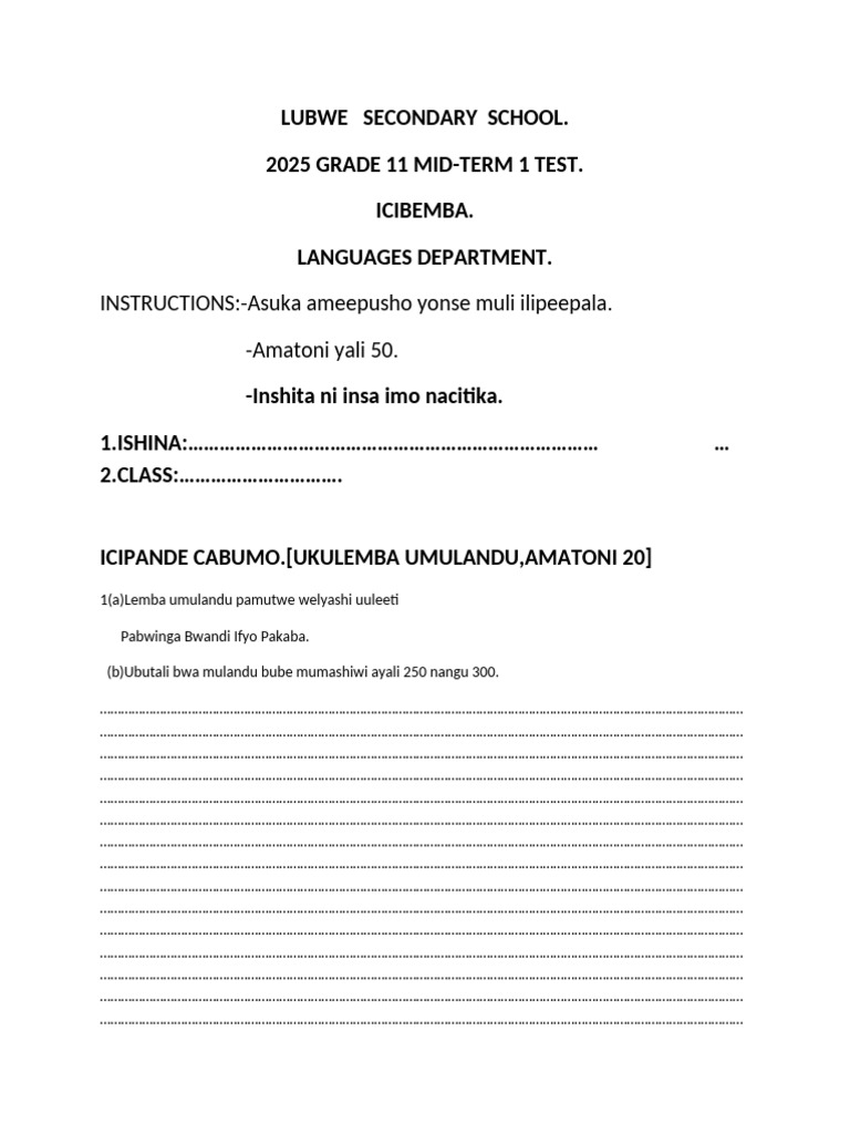 ICIBEMBA GRADE 11 MID-TERM 1 TEST. | PDF