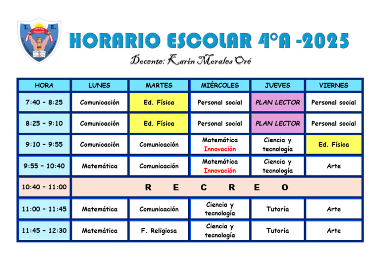 HORARIO MODIFICADO 4°A - 2025 | PDF