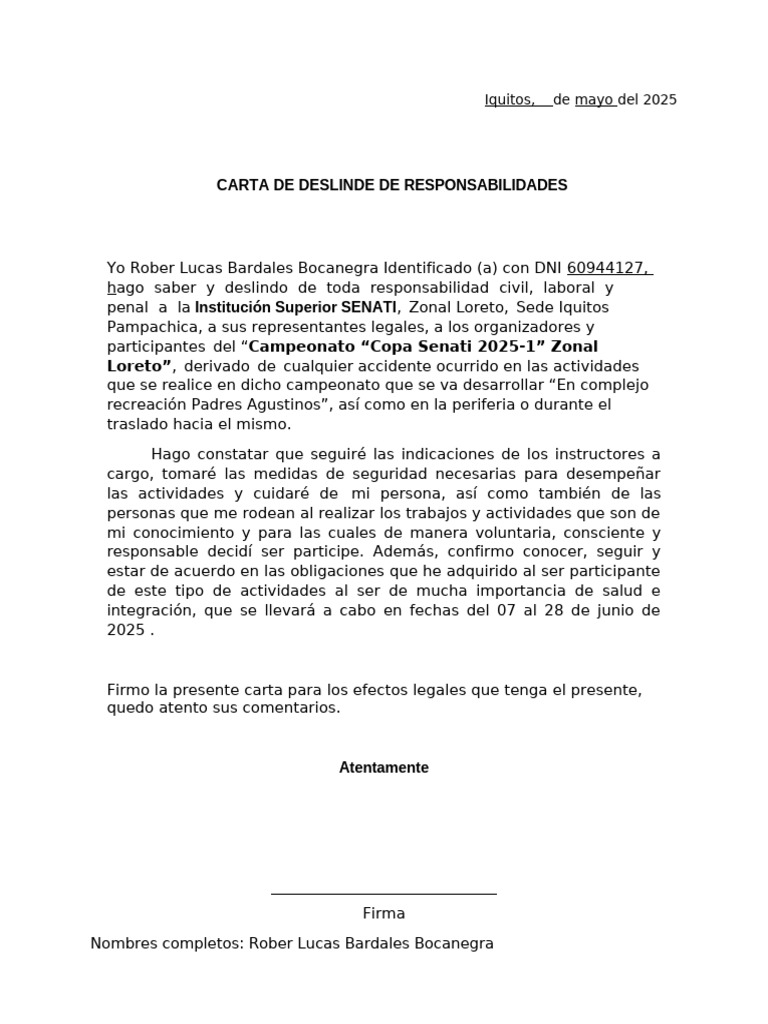 Carta de deslinde de responsabilidades SENATI | PDF