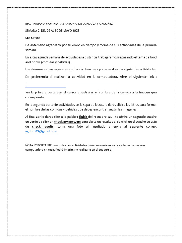 Semana 2 A Distancia 5to Grado | PDF