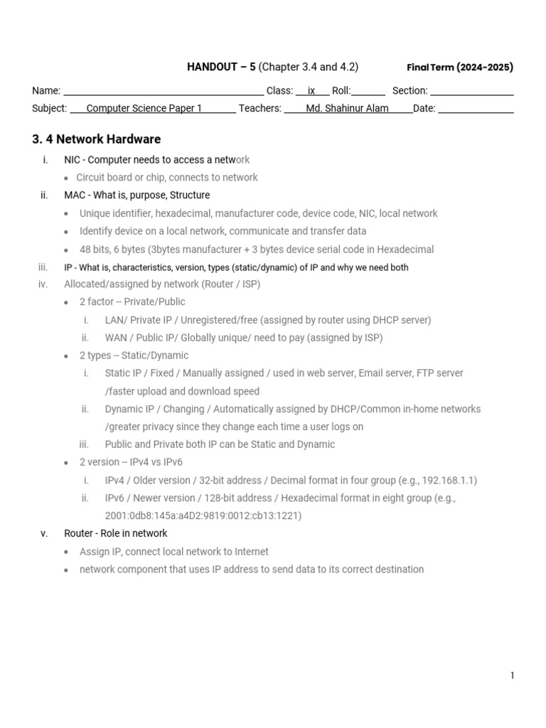Class IX Computer Science p1 Final Term Handout 5 Paper 1 CH 3.4 and 4. ...