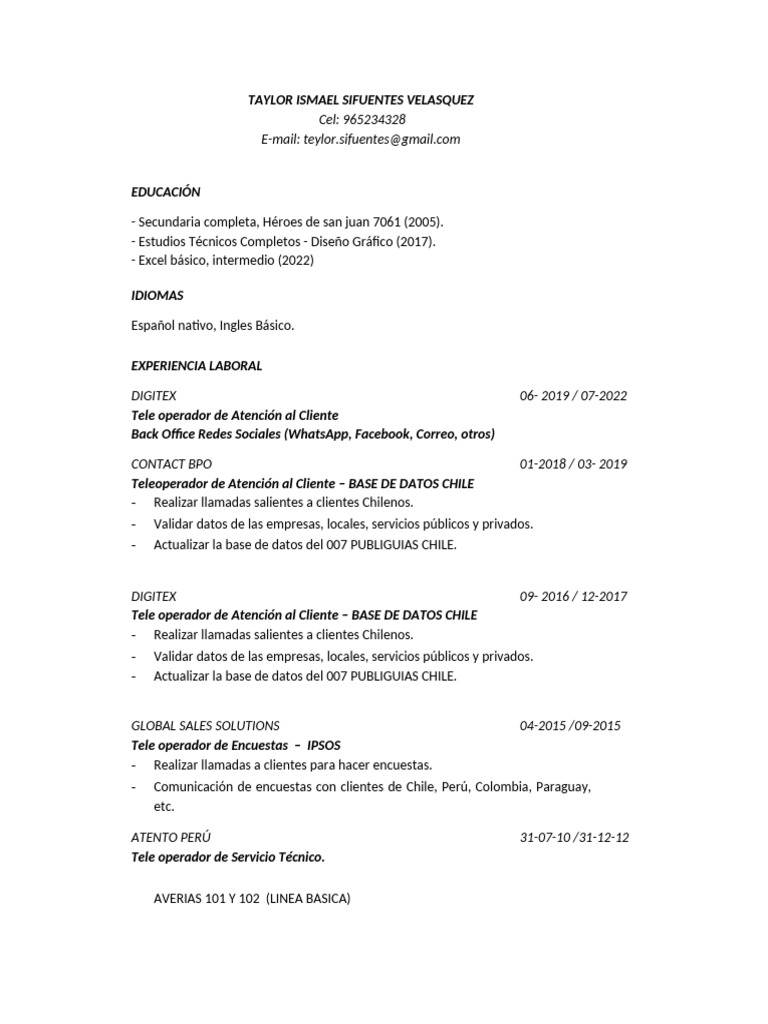 Currículum de Taylor Sifuentes Velasquez | PDF | Informática ...