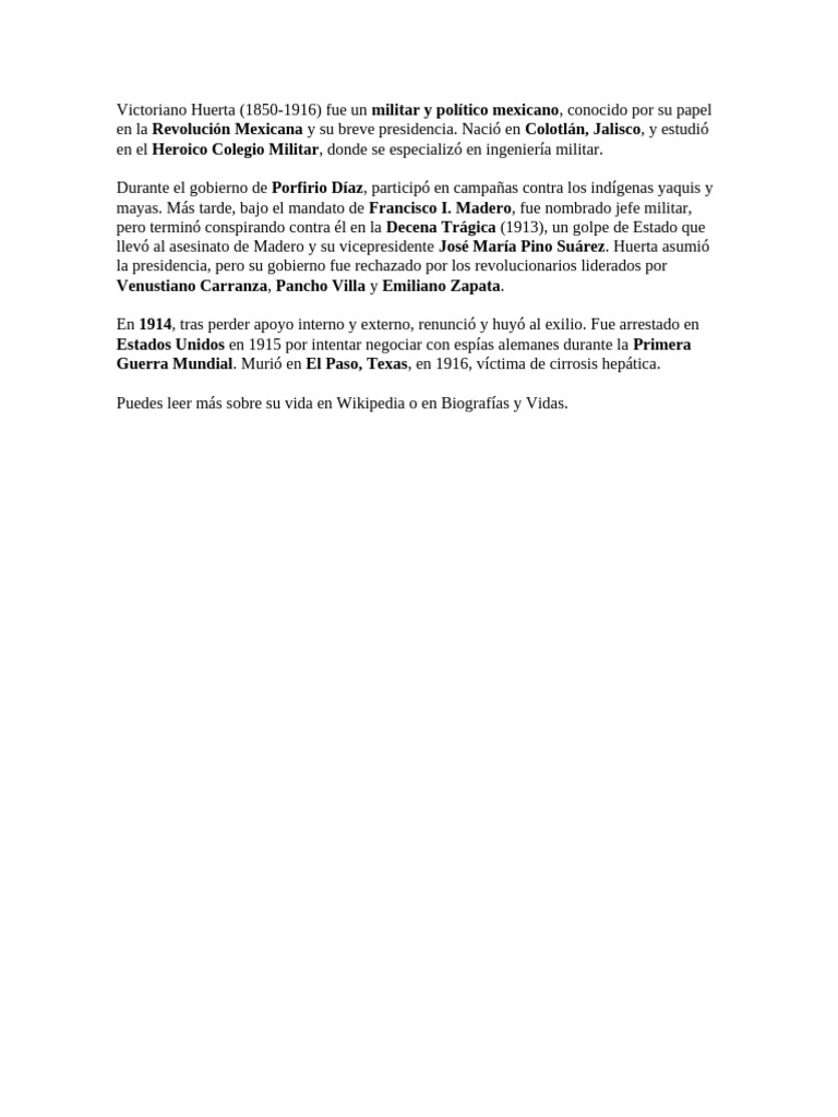 Victoriano Huerta: Biografía y Gobierno | PDF