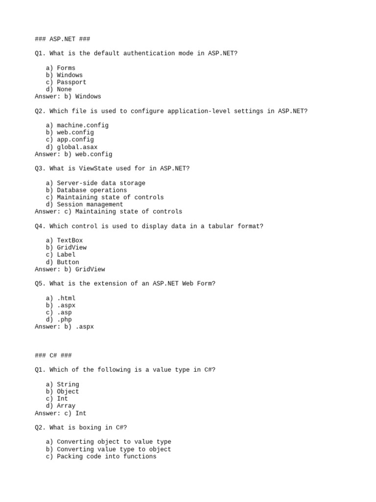 ASP NET CSharp SQL Interview MCQs | PDF
