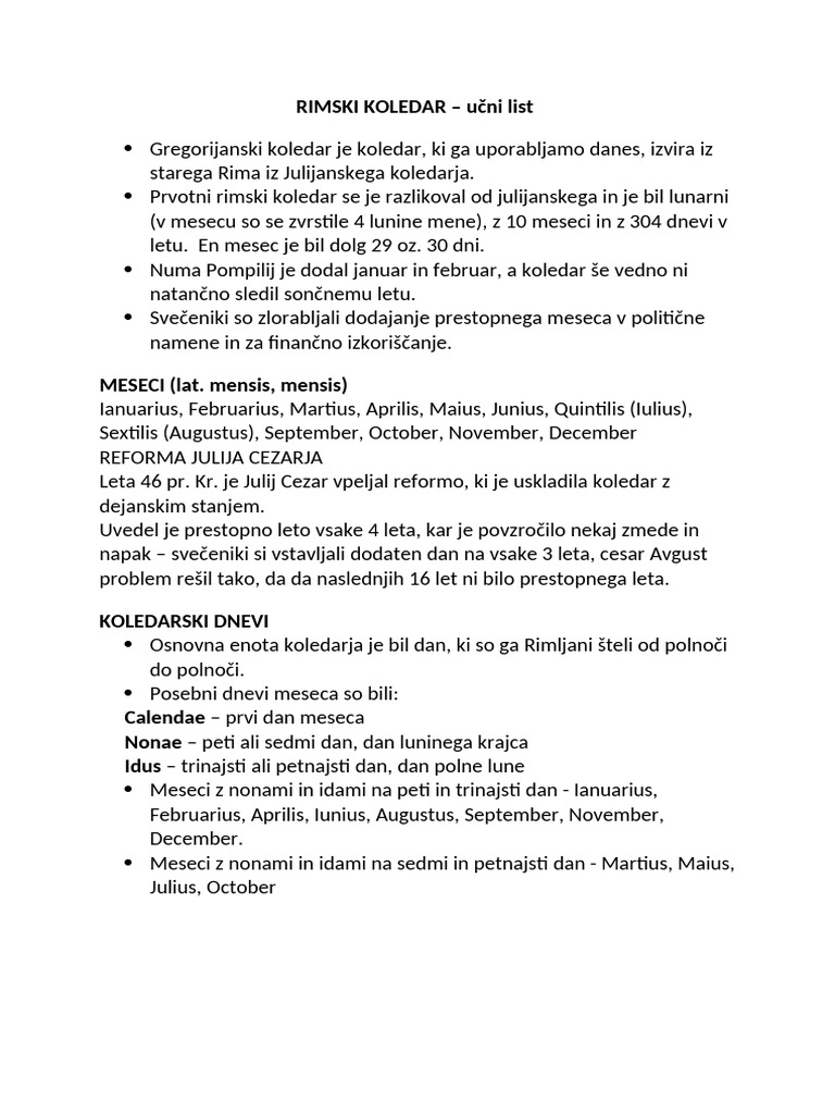 RIMSKI KOLEDAR - Ucni List | PDF