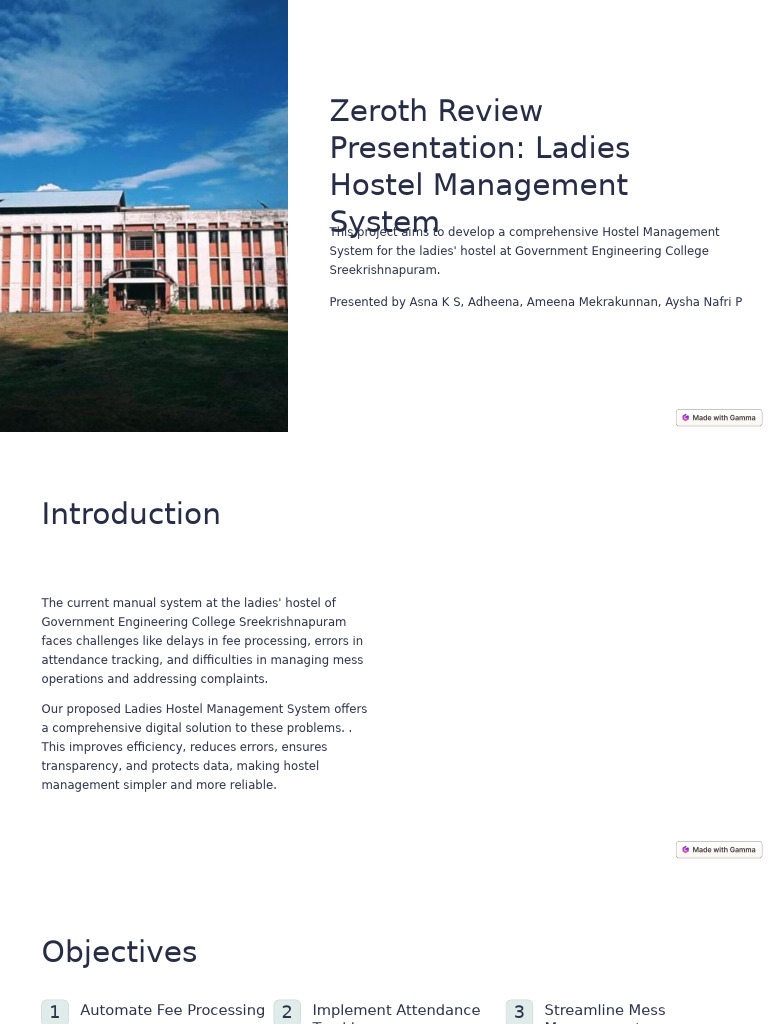 Zeroth Review Presentation Ladies Hostel Management System | PDF | Databases | System