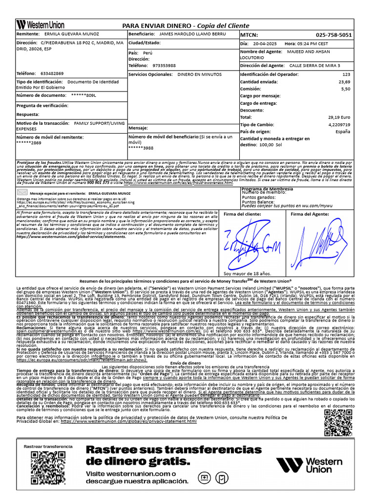 Recibo Wupos (Punto de Venta de Western Union)-2 | PDF | Transferencia ...