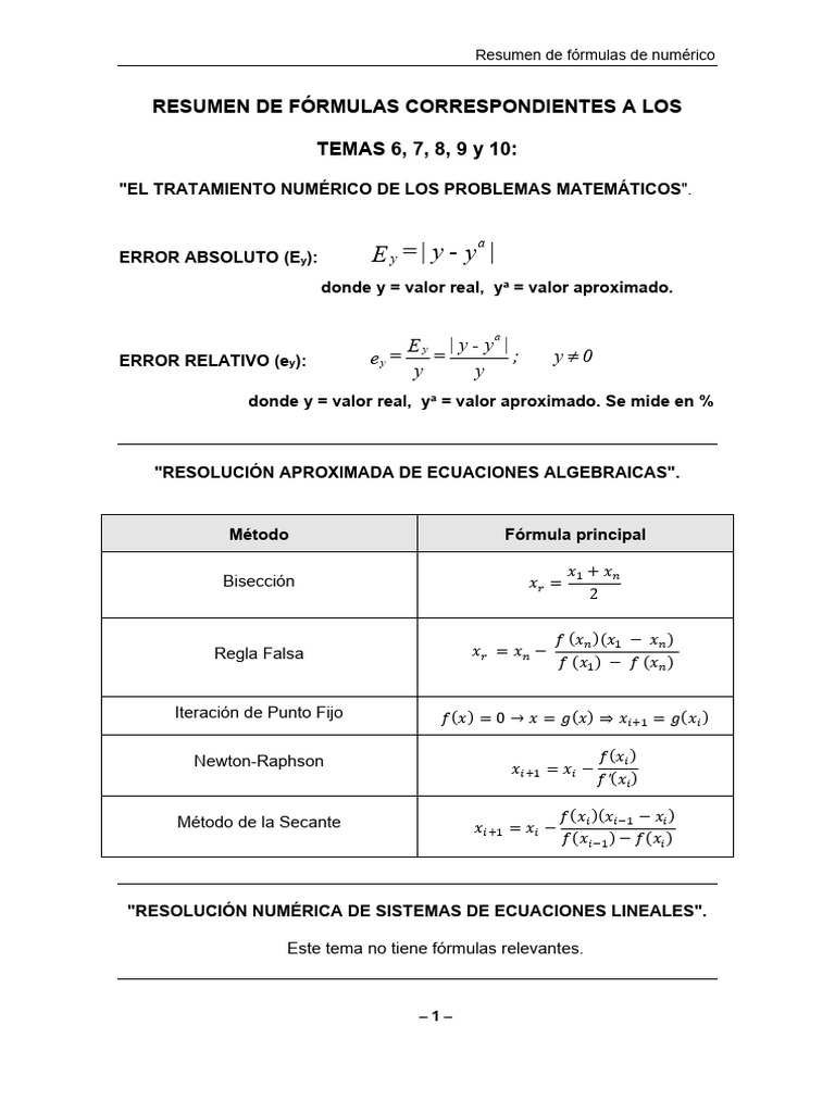 Resumen Formulas Numerico - DEFINITIVO | PDF | Ecuaciones | Análisis matemático