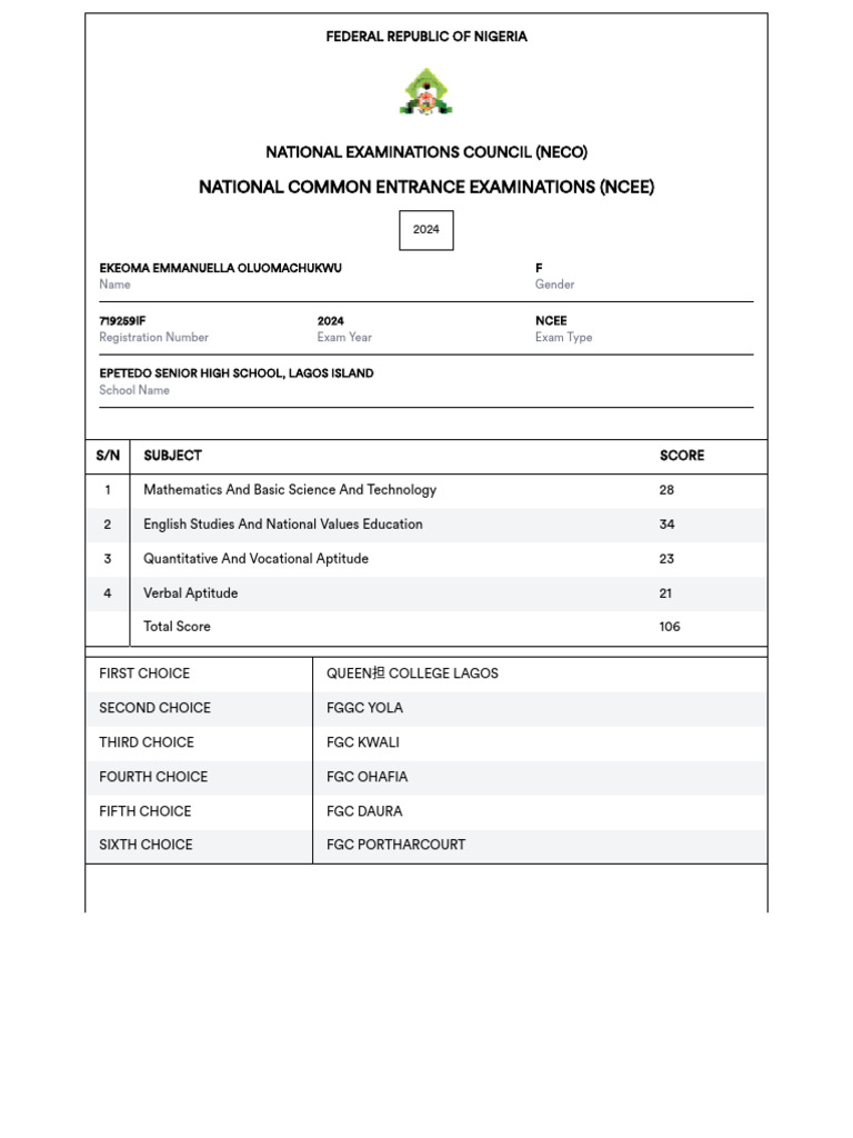 NECO Results Portal | PDF