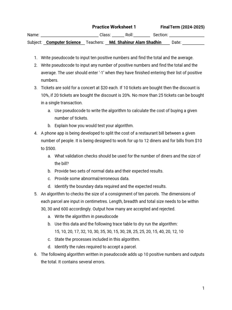 Practice Worksheet 1 Class IX | PDF | Algorithms | Length
