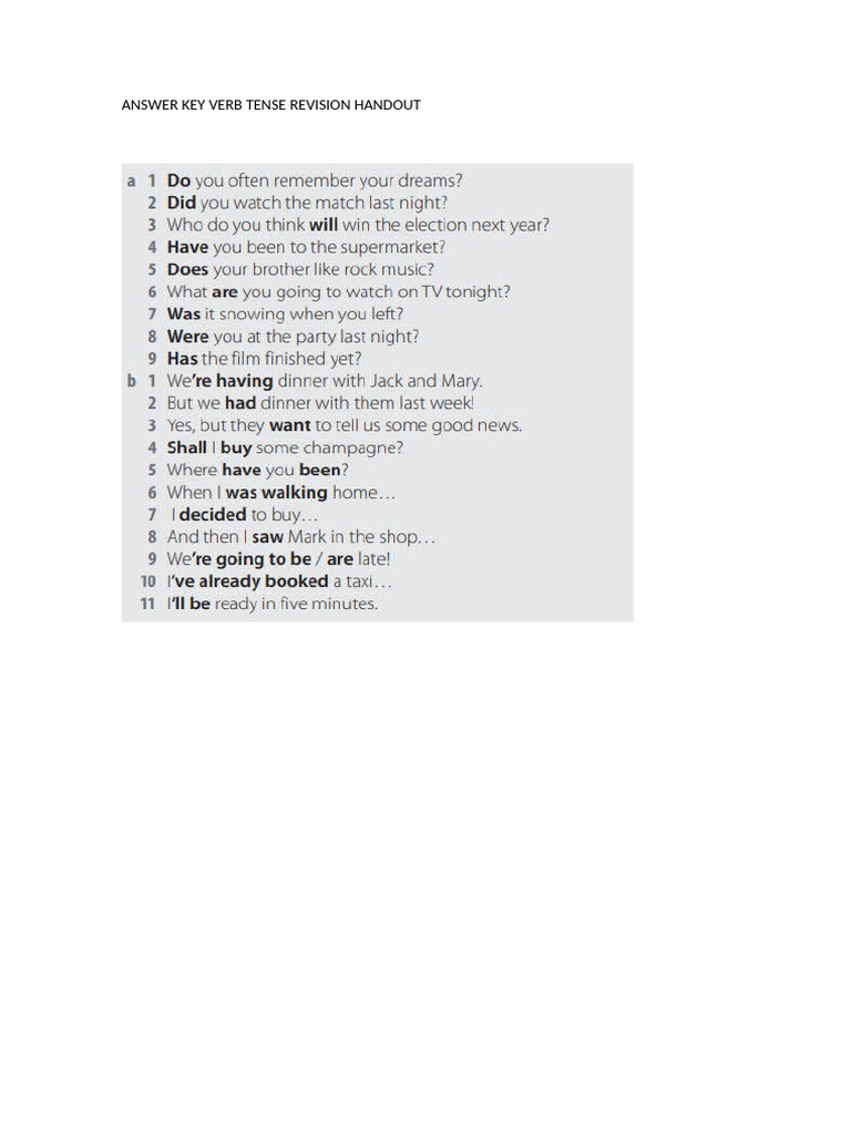 Answer Key Verb Tense Revision Handout | PDF