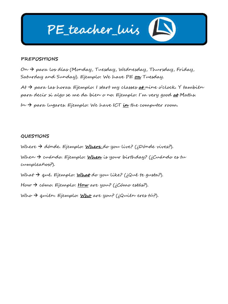 UNIT 1 - Prepositions and Questions | PDF