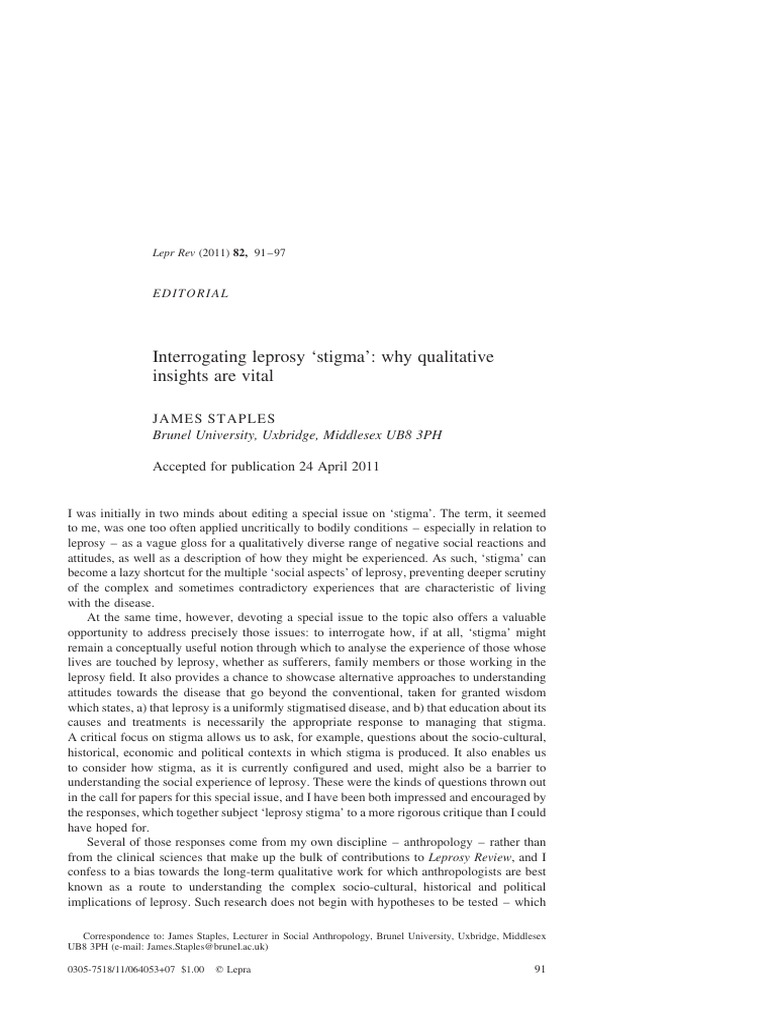 Interrogating Leprosy Stigma Why Qualitative Onsights Are Vital | PDF ...