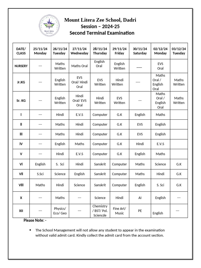 Term 2 Datesheet (Updated) | PDF