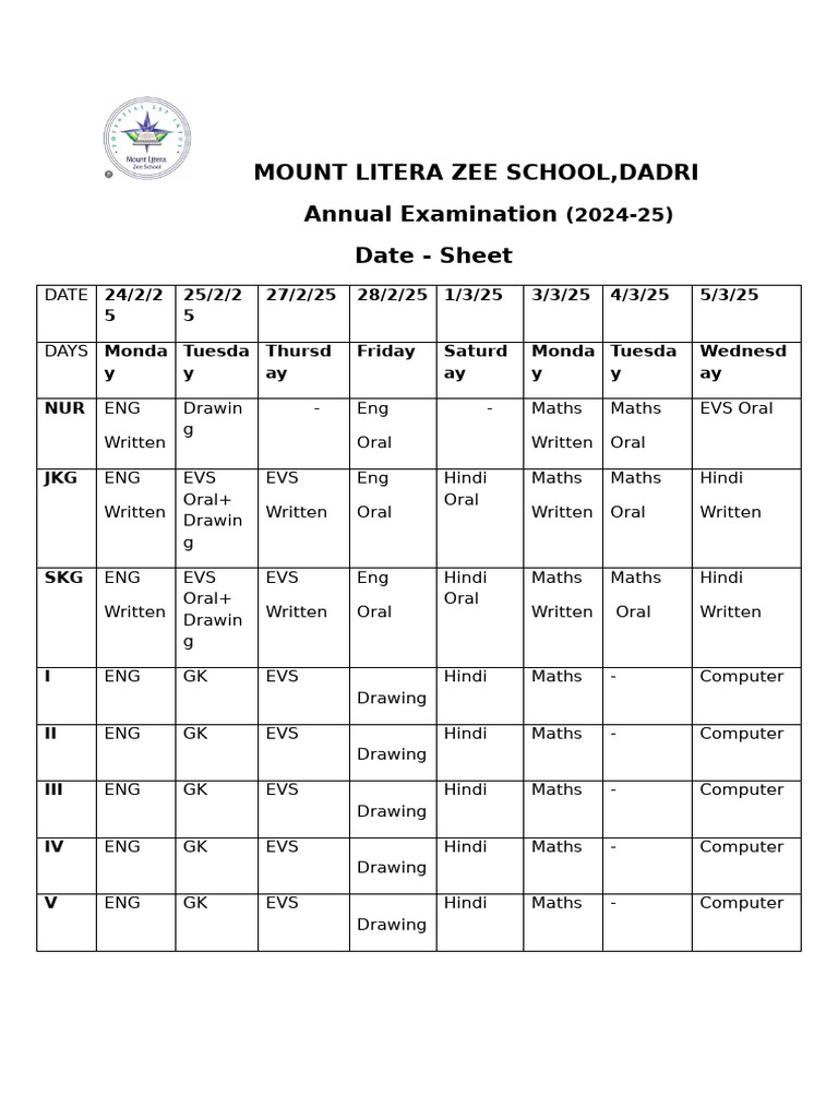 Compiled Annual Examination Date Sheet For Nursery To Grade 8 (1) .Docx ...