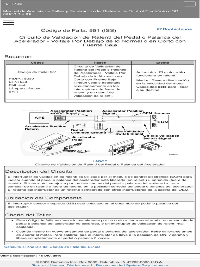 Code 551 Circuito de Validación de Ralentí Del Pedal o Palanca Del ...
