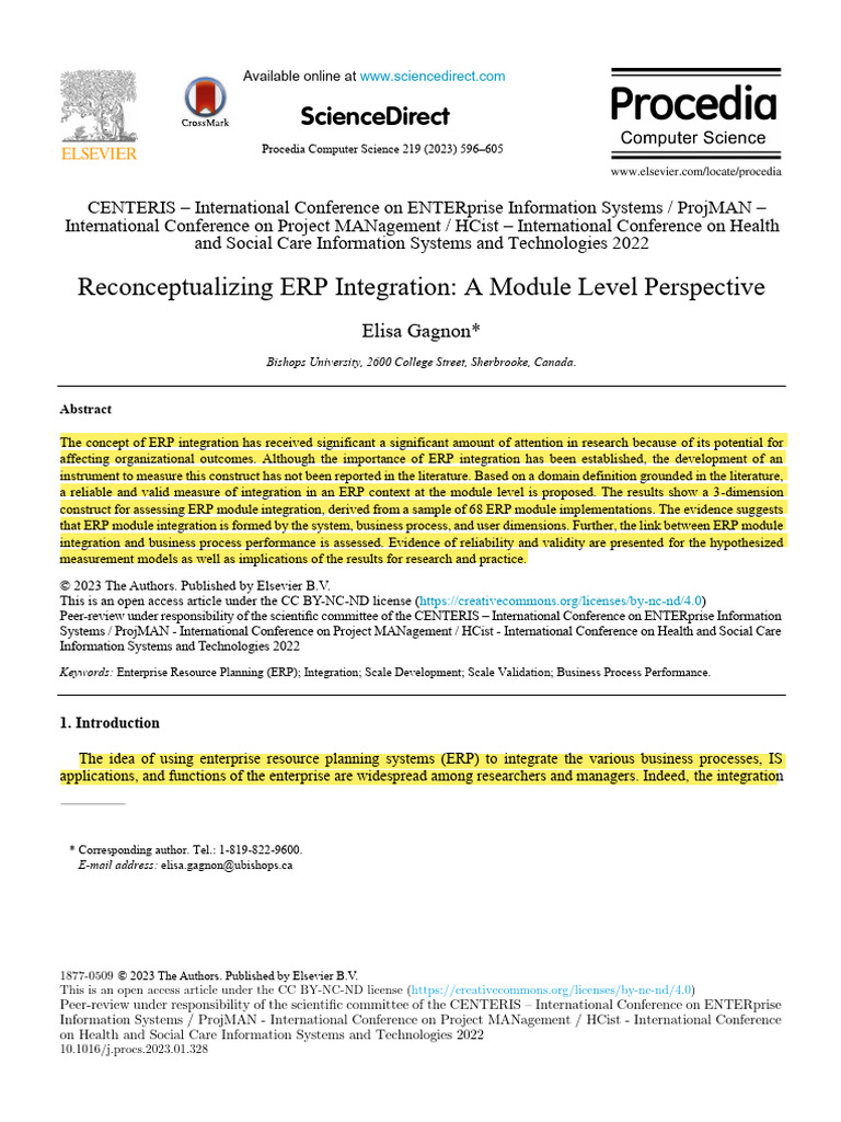 Reconceptualizing ERP Integration A Module Level Perspective | PDF | Enterprise Resource ...