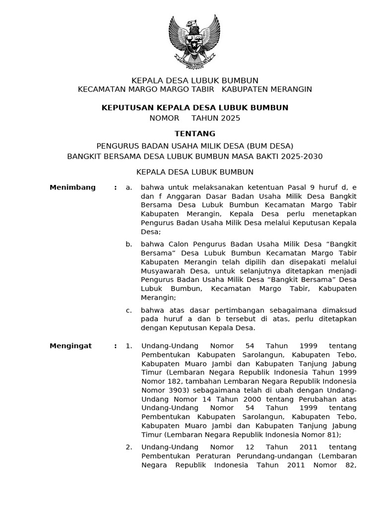 Pengurus BUM Desa Lubuk Bumbun 2025-2030 | PDF