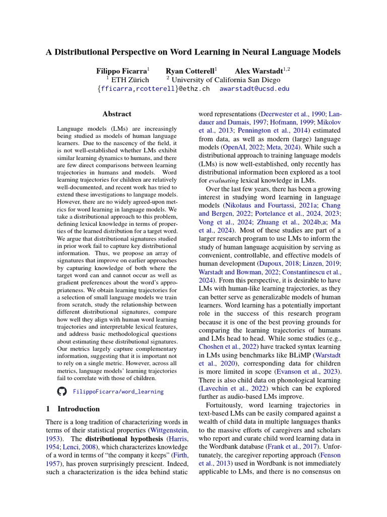 A Distributional Perspective On Word Learning in Neural Language Models | PDF | Word | String ...