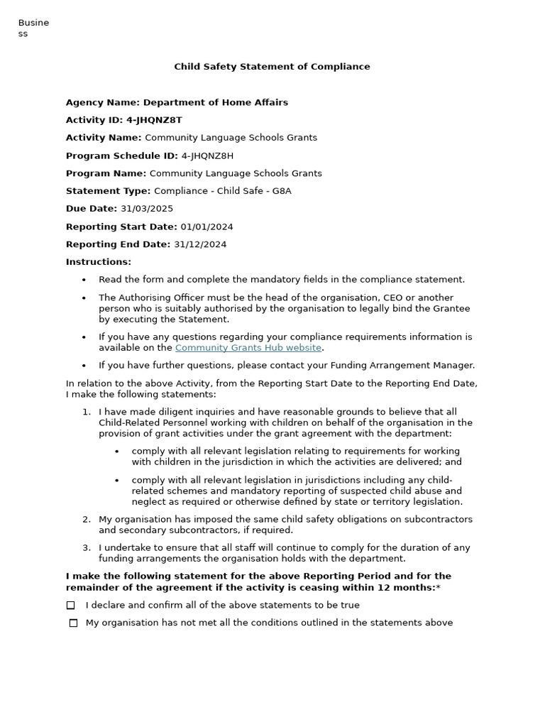 Child Safety Compliance Form | PDF | Child Protection | Criminal Justice