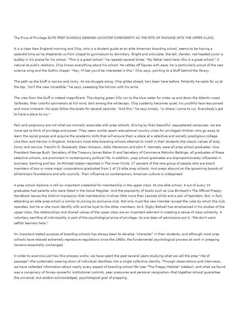 The Price of Privilege ELITE PREP SCHOOLS DEMAND LOCKSTEP CONFORMITY AS ...