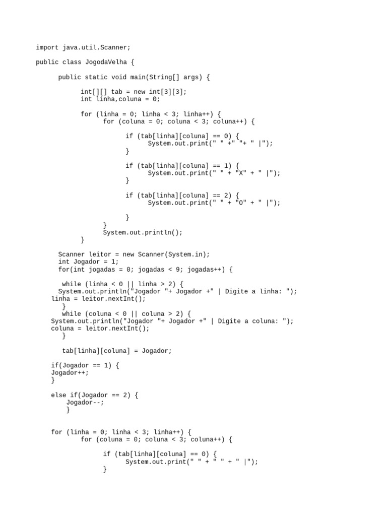 Jogo da Velha em Java | PDF | Java (linguagem de programação ...
