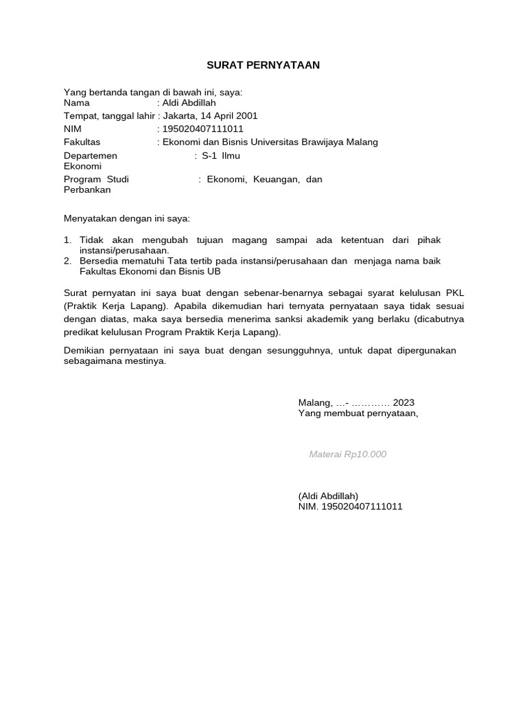Surat Pernyataan Magang UB Malang | PDF