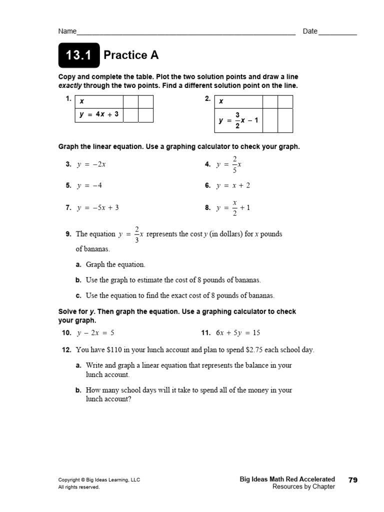 13.1 Graphing Linear Equations Practice A | PDF
