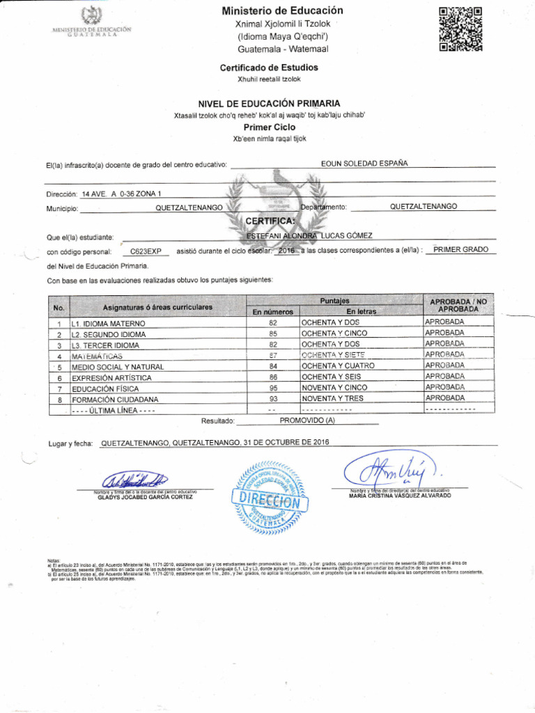 Certificado de Estudios Primaria Quetzaltenango | PDF