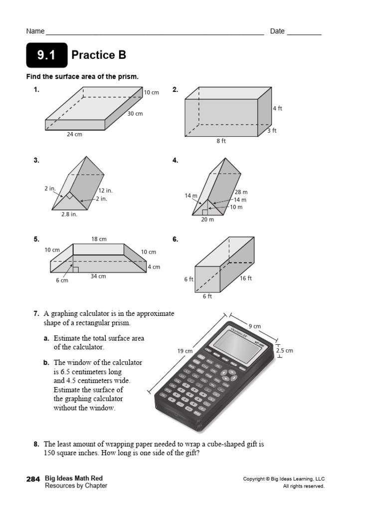 9.1 Surface Areas of Prisms Practice B | PDF