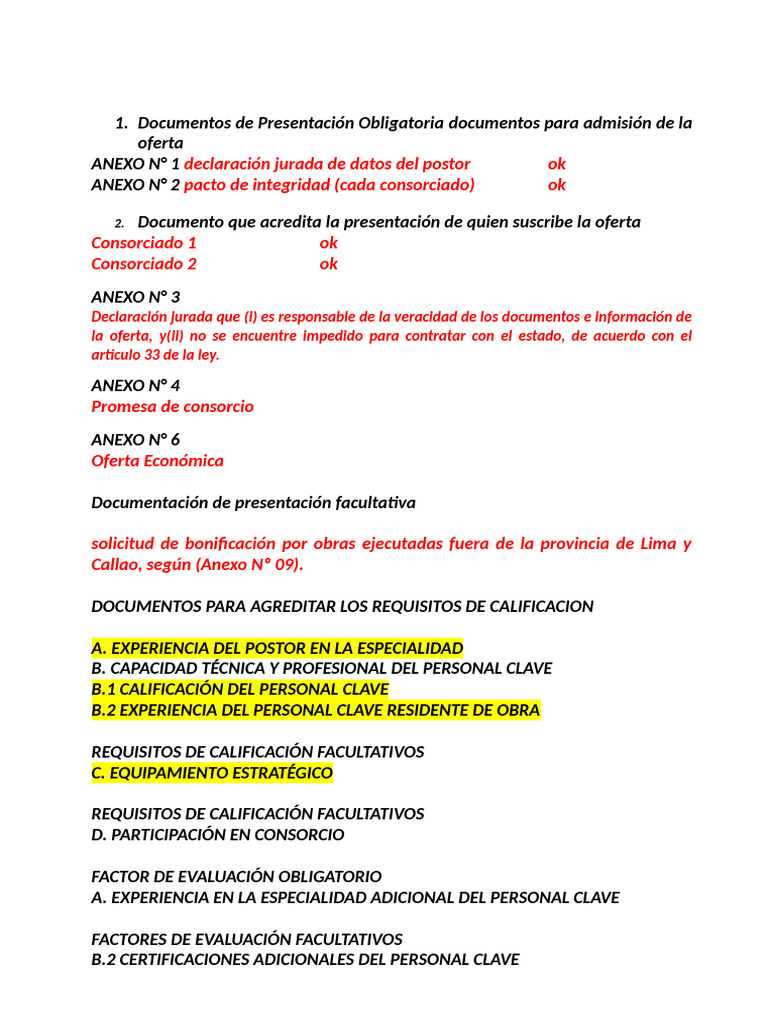 Documentos de Presentación Obligatoria Documentos para Admisión de La Oferta | PDF