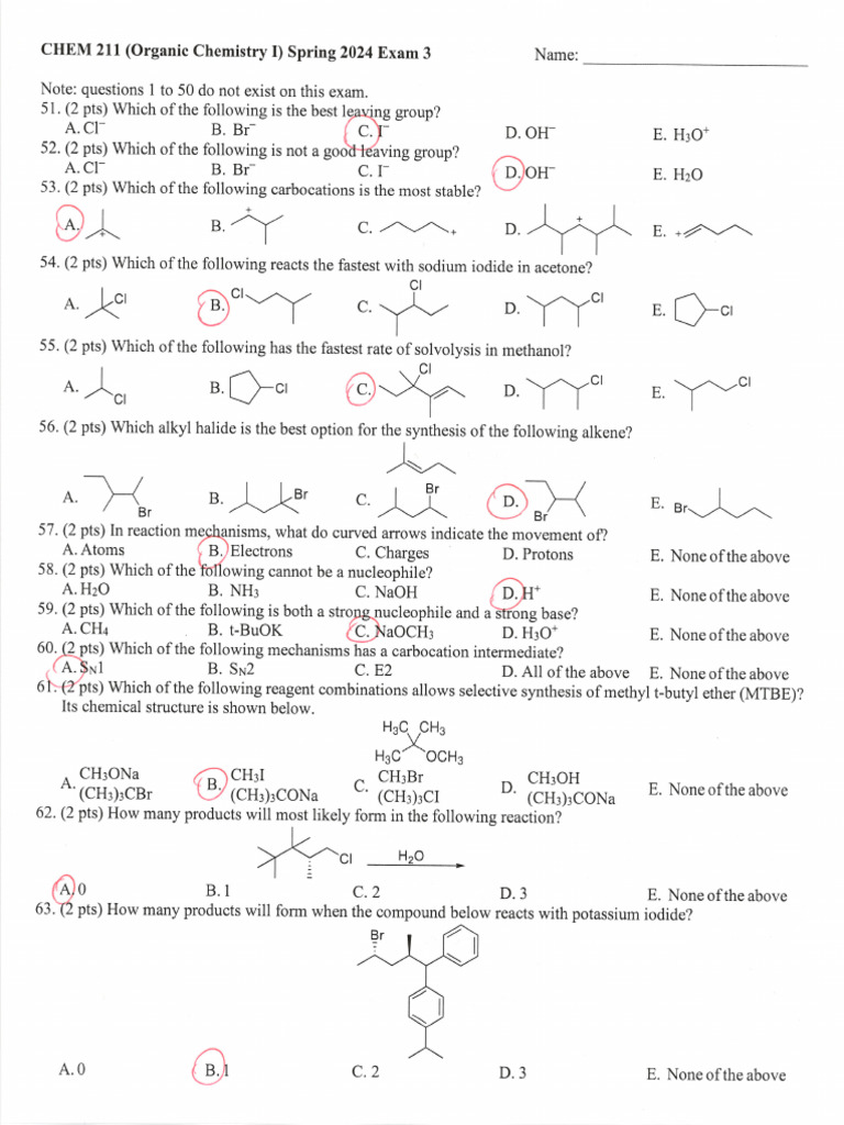 CHEM 211 Spring 2024 Exam 3 Answer Key | PDF