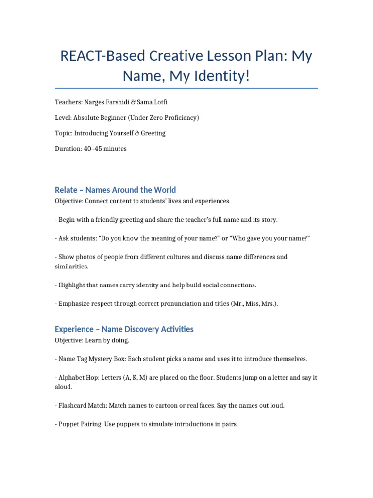 REACT Lesson Plan My Name | PDF
