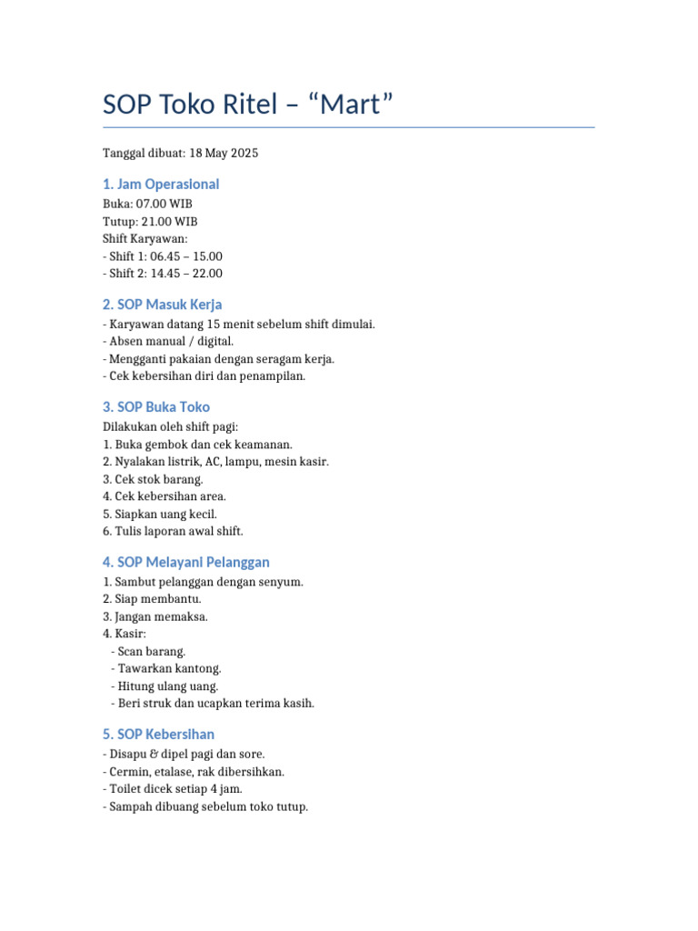 SOP Toko Mart | PDF
