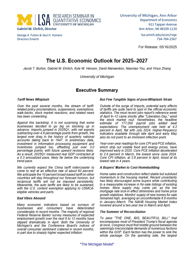 U.S. Economic Outlook 2025-2027 Report | PDF | Inflation | West Texas ...