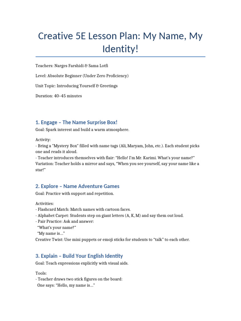 Creative Lesson Plan My Name | PDF | Teachers | Communication