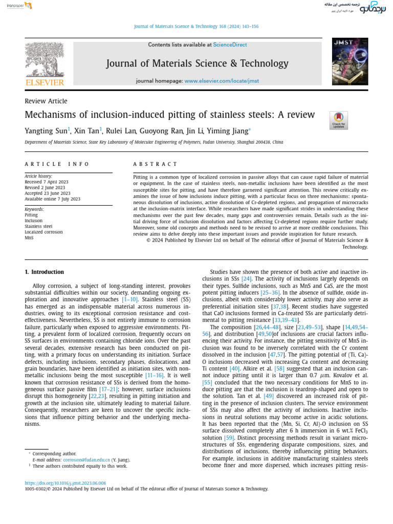 Mechanisms of Inclusion-Induced Pitting of Stainless Steels A Review ...