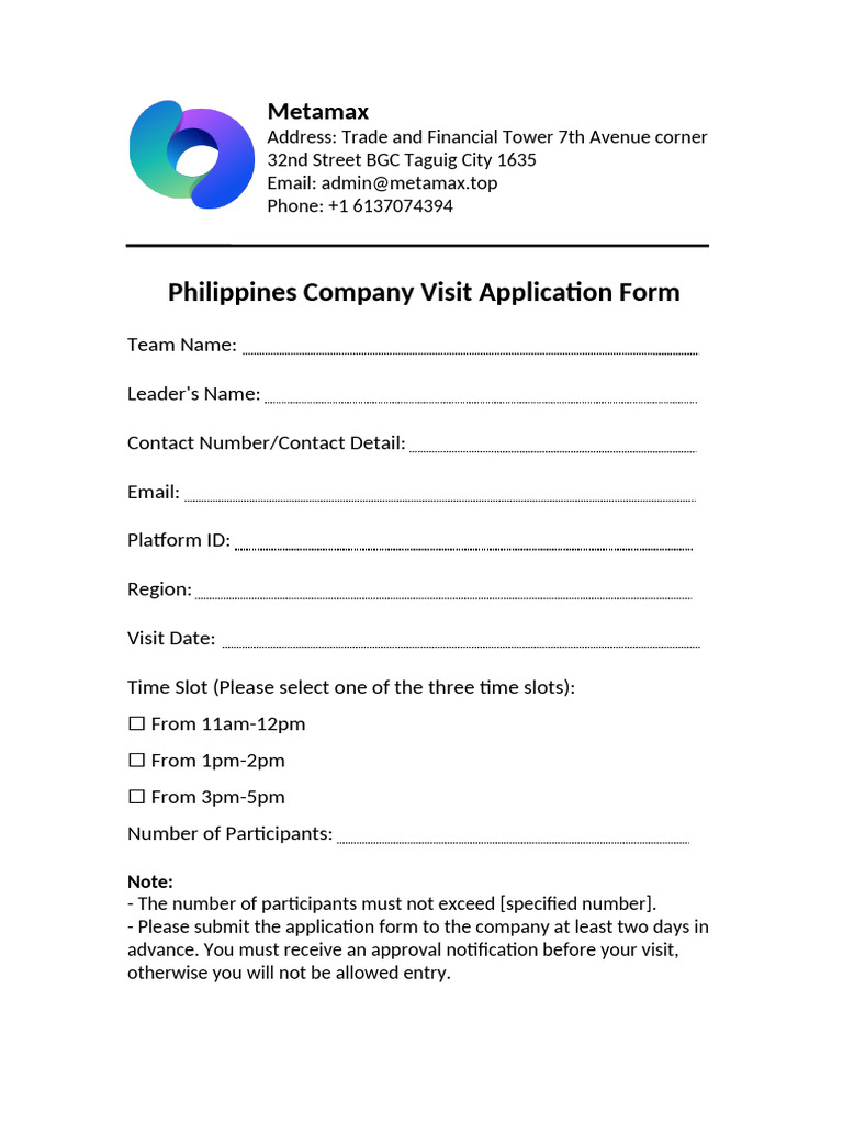 Metamax Asia Visit Application Form | PDF