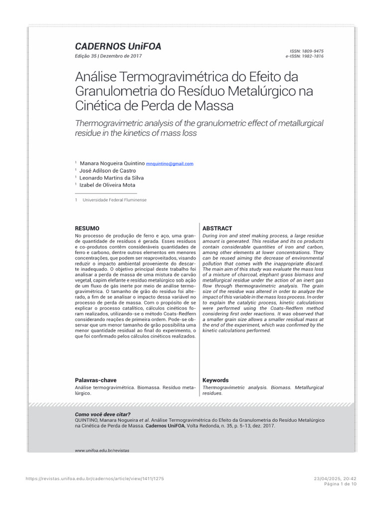 Análise Termogravimétrica Do Efeito Da Granulometria Do Resíduo ...