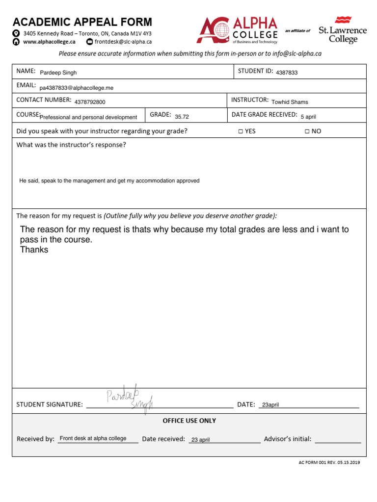 AC Academic Appeal Form | PDF